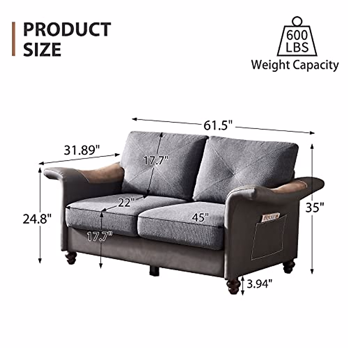 CALABASH Linen Fabric Leather 2 Seater Sofa Couch for Bedroom, 61" Modern Upholstered Tufted loveseat Sofa with Curved Armrest & Removable Storage Boxes for Living Room Office(Dark Grey)