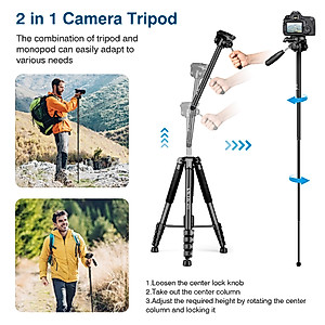 Tripod for Camera, 75 inch Tall Camera Tripod with Remote, Professional Heavy Duty Tripod for DSLR, Spotting Scopes, Binocular, Cell Phone, Compact Camera Stand Tripod, Compatible with Canon Nikon