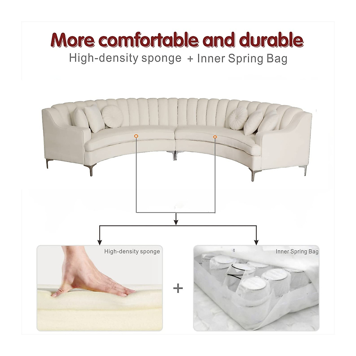 Legend Vansen Velvet Curved Sofa Sectional, Cream