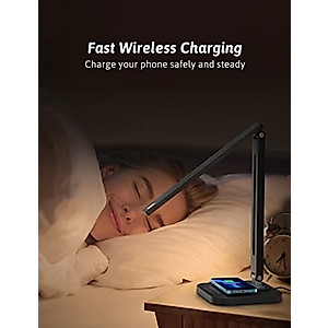 Gteetoo LED Desk Lamp with Wireless Fast Charger, Office Desk Light with USB Charging Port, 5 Color Temperatures & 5 Brightness Levels, Night Light Mode, 1 Hour Timer, Black