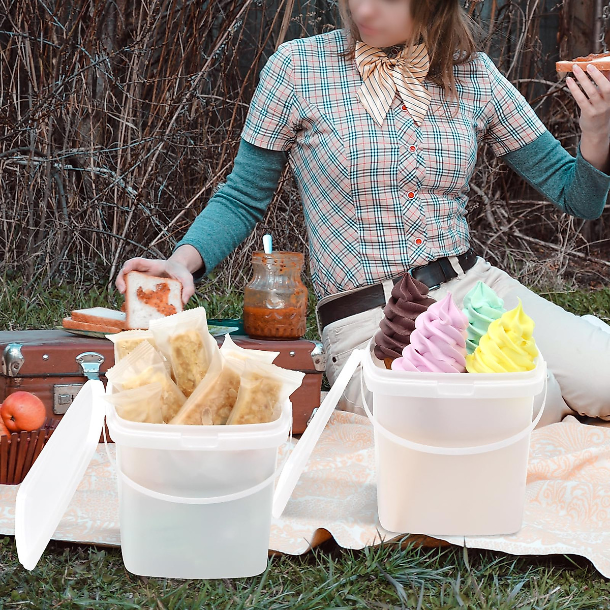 DIICCYO 2L Ice Cream Tub Containers with Lids and Handles, 67 Oz Square Airtight Small Freezer Food Storage Bucket, Plastic Containers Reusable Pail for Home Party Supplies, 12 Pcs