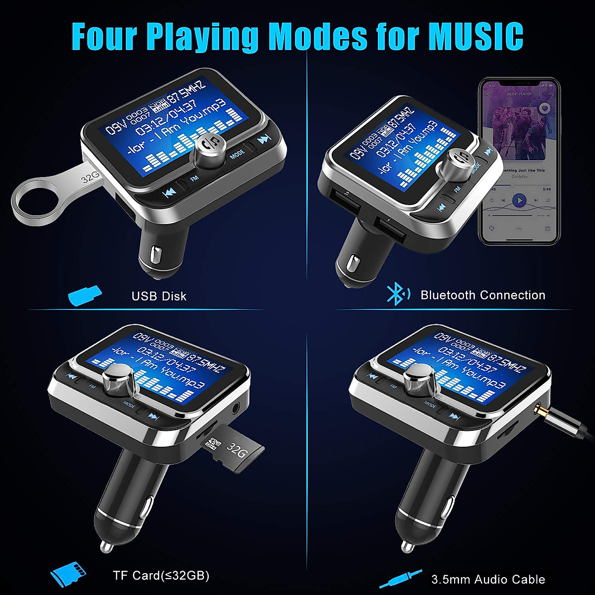 ToHayie Bluetooth FM Transmitter for Car, Transmitter Bluetooth Car Wireless Radio Adapter Hands-Free Car Kit with 1.8 inch Display, Dual USB Car Charger, AUX Input/Output, TF Card Mp3 Player, Silver