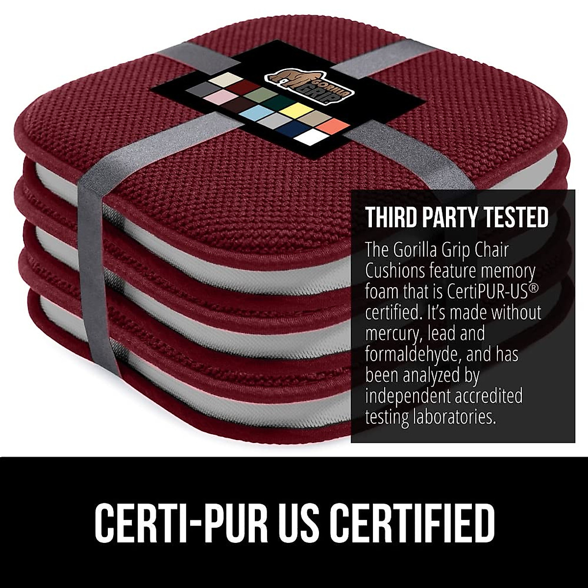 Gorilla Grip Memory Foam Chair Cushions, Comfortable Pads for Dining Room, Kitchen Table, Office Chairs, Stay in Place Backing, Comfortable Microfiber Seat Pad Cushion, Set of 4, 16x16, Wine