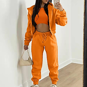 sumensumen Sweatpant and Sweatshirt Set for Women,Two Piece Outfits-Hooded Tracksuit Loungewear Sweatsuit with Pockets Orange,Small