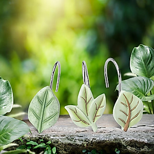 MitoVilla Plant Leaves Decorative Shower Curtain Hooks, Green Tropical Botanical Shower Hooks for Tree Leaf Shower Curtain & Liner, Rust Proof Eucalyptus Shower Curtain Rings, 12 PCS