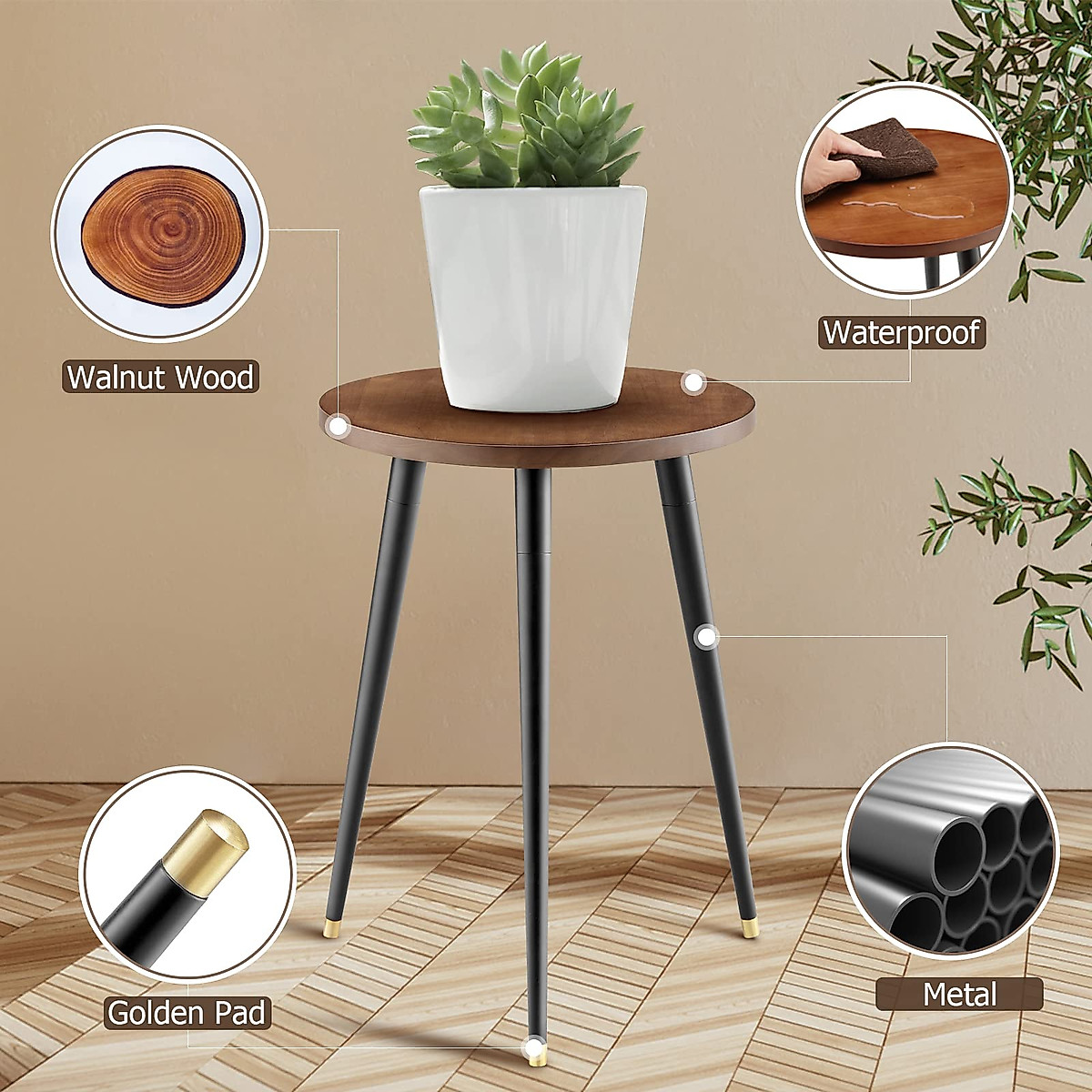 KINNARY Indoor Plant Stand, Mid Century Wood Plant Stand Plant Table for Flower Pots, Heavy Duty Metal Tall Plant Holder, Modern Home Decor Small Round Side End Table (11.8"x16")