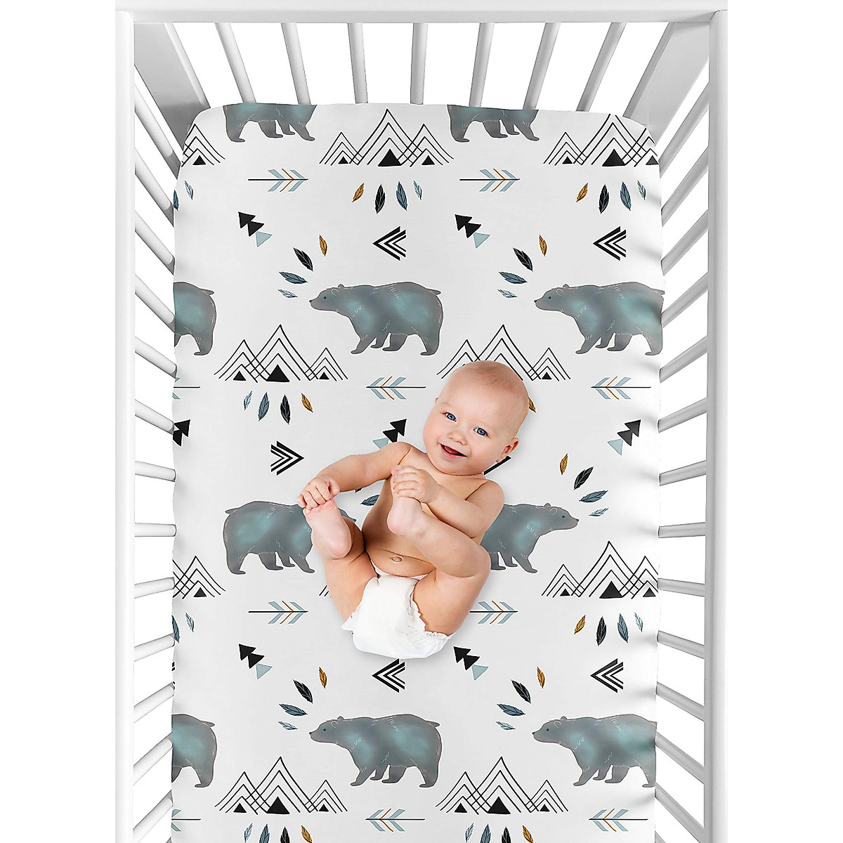 Sweet Jojo Designs Slate Blue Bear Mountain Boy Baby Fitted Crib Sheet Set Nursery Soft Infant Newborn Fits Standard Mattress or Toddler Bed - 2pc - Black and White Watercolor Woodland Forest Animal