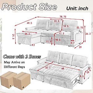 lunhung 78" L-Shaped Sofa,Reversible Sleeper Sectional Sofa with Pull-Out Bed,Comfy Tufted Sectional Couch with Storage Chaise,USB Port&Side Pocket,Furniture Set for Living Room,SmallSpace (Black)