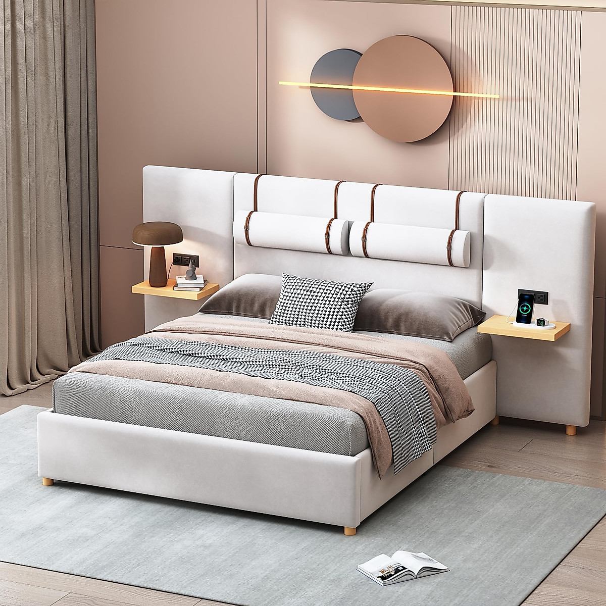 Merax Queen Size Upholstered Platform Bed, Modern Bedframe with Two Outlets and USB Charging Ports on Both Sides, Two Bedside Pillows, Storage Shelves, Beige