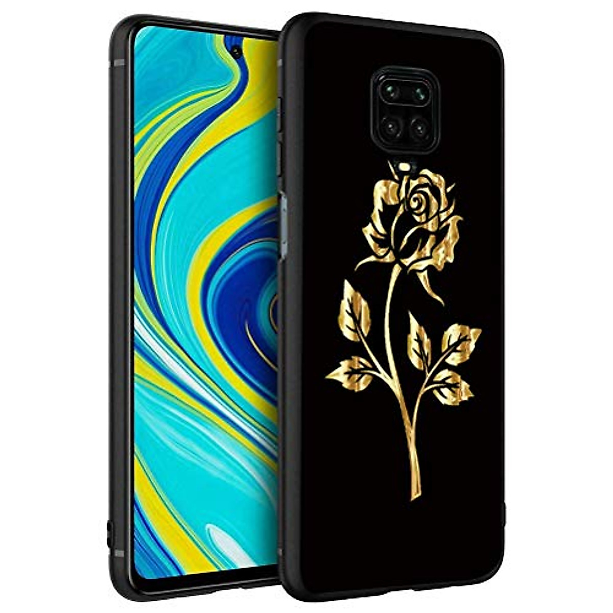 Eouine for Xiaomi Redmi Note 9 Pro Case, Phone Case Silicone Black with Pattern Ultra Slim Shockproof Soft Gel Cover Protective Skin for Xiaomi Redmi Note 9 Pro/Redmi Note 9S (Golden Rose)