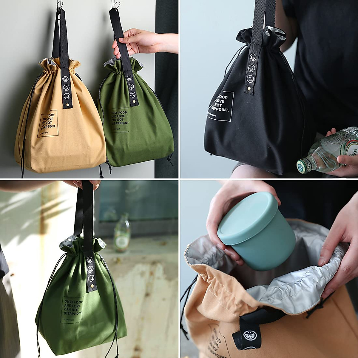 ZIIYAN Reusable Lunch Bag Insulated Handbag Tote bag with Handle and Drawstring Closure for Women Work Picnic or Travel (Olive Green)