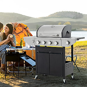 4-Burners Propane Gas BBQ Grill With Side Burner and Thermometer,Stainless Steel BBQ Grill,1,33950 BTU Output,Suitable For Outdoor Cooking Kitchen And Patio Backyard Barbecue (Silver)