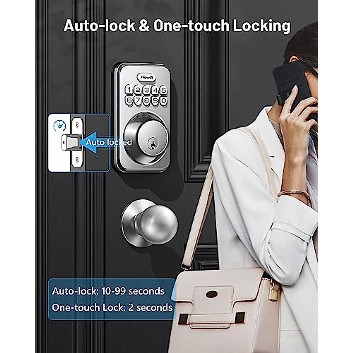 Keyless Entry Door Lock with 2 Knobs, Zowill DK01K Keypad Door Lock with Handle, Front Door Lock Set, Auto Lock, One-Touch Lock, One Time Code, IP54 Waterproof, Easy Installation - Satin Nickel