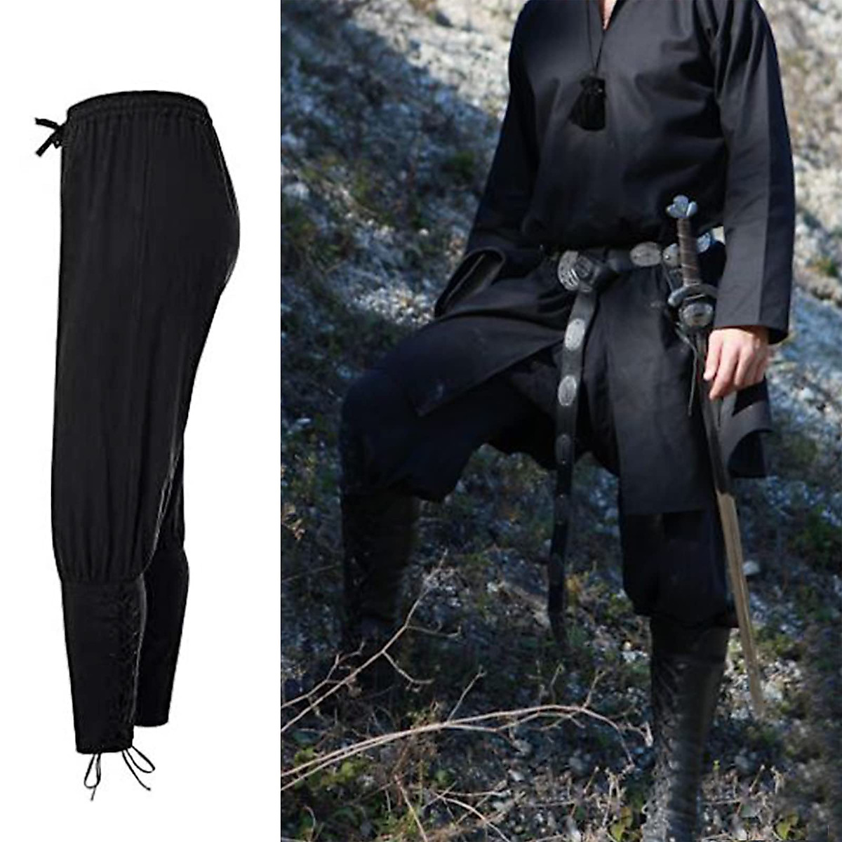 Men's Ankle Banded Pants Medieval Viking Navigator Pirate Costume Trousers Renaissance Gothic Pants, Black, Medium