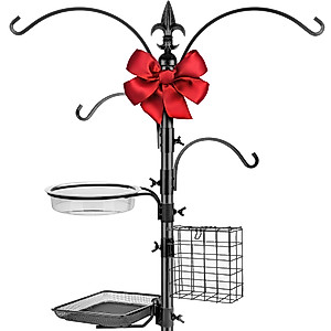 4 Hooks Bird Feeder Pole, 91 Inches Tall Bird Feeder Poles for Outdoors Heavy Duty, Multi Bird Feeder Stand with Bird Bath, Mesh Tray & Suet Cage, 5 Prong Base Bird Feeding Station for Outside