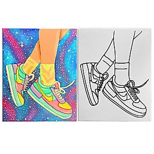 2 PACK Canvas Painting Kit Bundle | Pre Drawn Stretched Canvas Kit | Adult Sip and Paint Party Favor | Party Date Night (Jordan Sneakers Air Retro & Love Couples, Sneakers#1 & #2 (8x10 Inches)