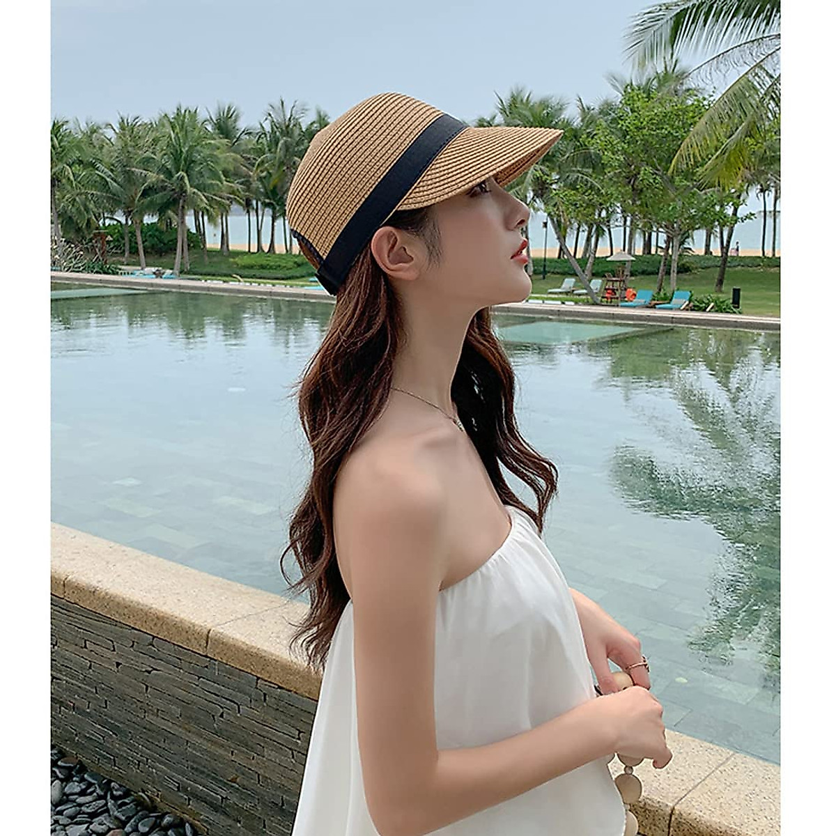 Summer Visor Hats for Women Foldable Floppy Solid Color Straw Sun Hat Travel Beach Baseball Cap (Khaki)