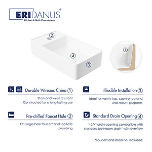 Bathroom Sink 18" x 10" Rectangle, Eridanus Wall Mount Vessel Sink Floating, Modern White Ceramic Porcelain Vitreous Countertop Wash Basin Wall Hang Bowl Space Saving Small Sinks