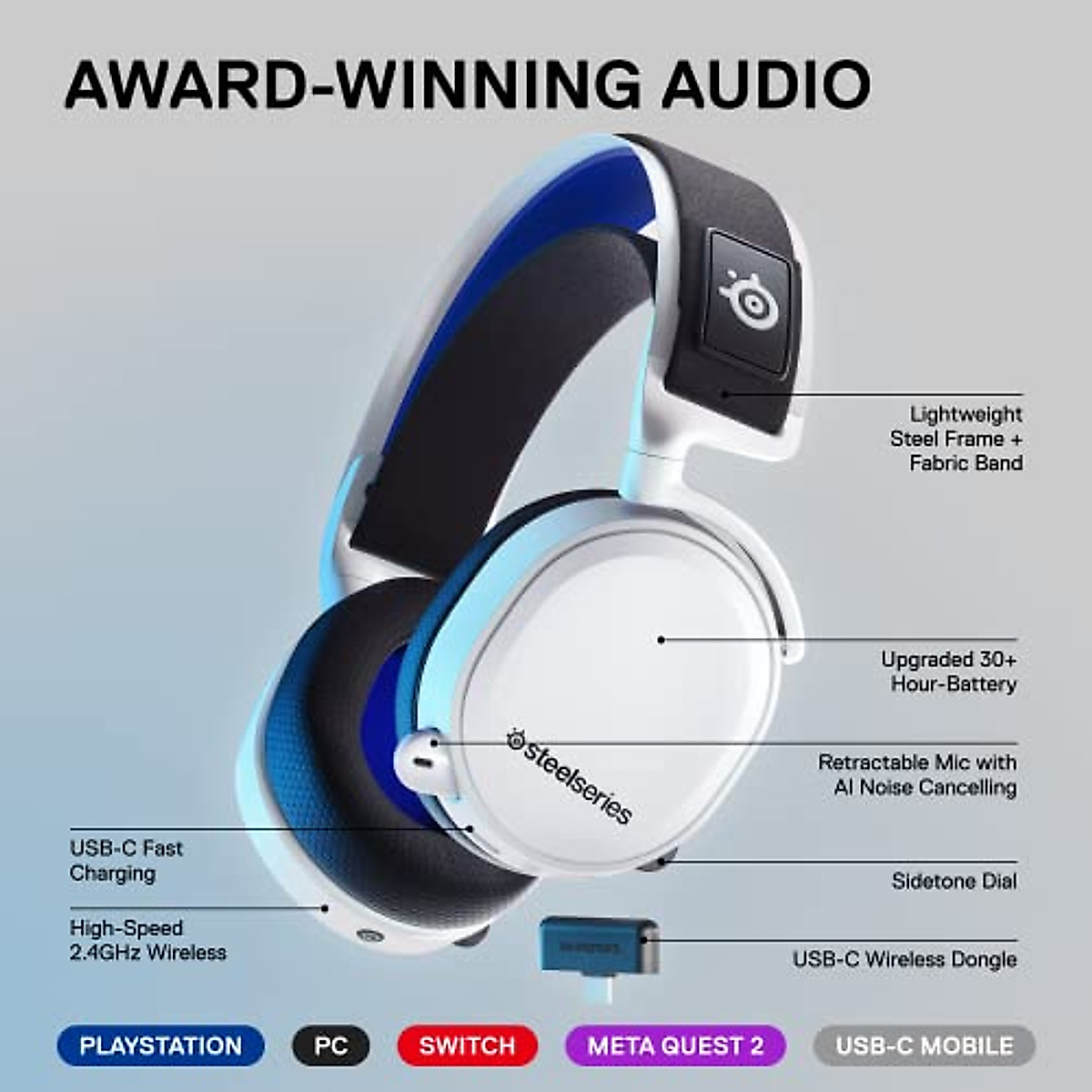 SteelSeries Arctis 7P+ Wireless Gaming Headset – Lossless 2.4 GHz – 30 Hour Battery Life – USB-C – 3D Audio – For PS5, PS4, PC, Mac, Android and Switch - White