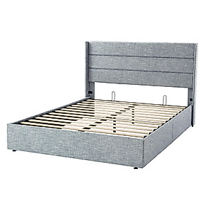 Allewie Full Size Lift Up Storage Bed, Modern Wingback Headboard, Hydraulic Support, No Box Spring Needed, Grey Blue