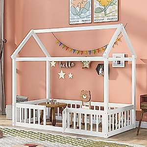 Merax Twin Size Wood House Bed with Fence and Door, Wooden Bedframe with Roof for Teens, Boys or Girls, White