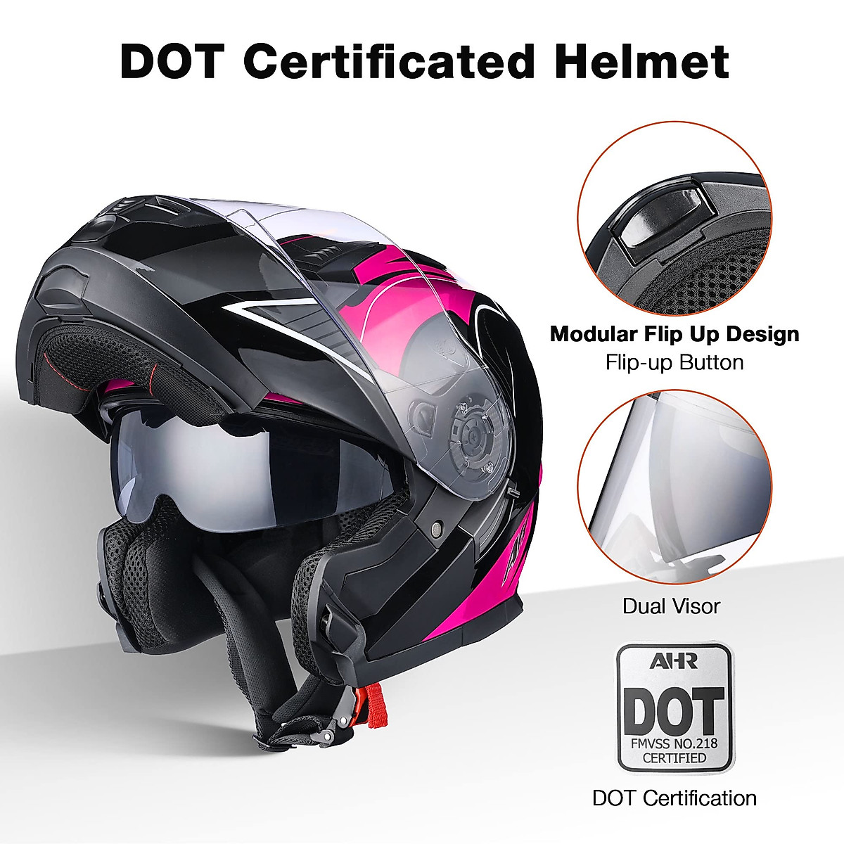 AHR Motorcycle Helmet Dual Visor Modular Flip up Full Face Helmet DOT Approved - AHR Helmet Run-M3 for Adult Motorbike Street Bike Moped Racing (Black Pink, L)