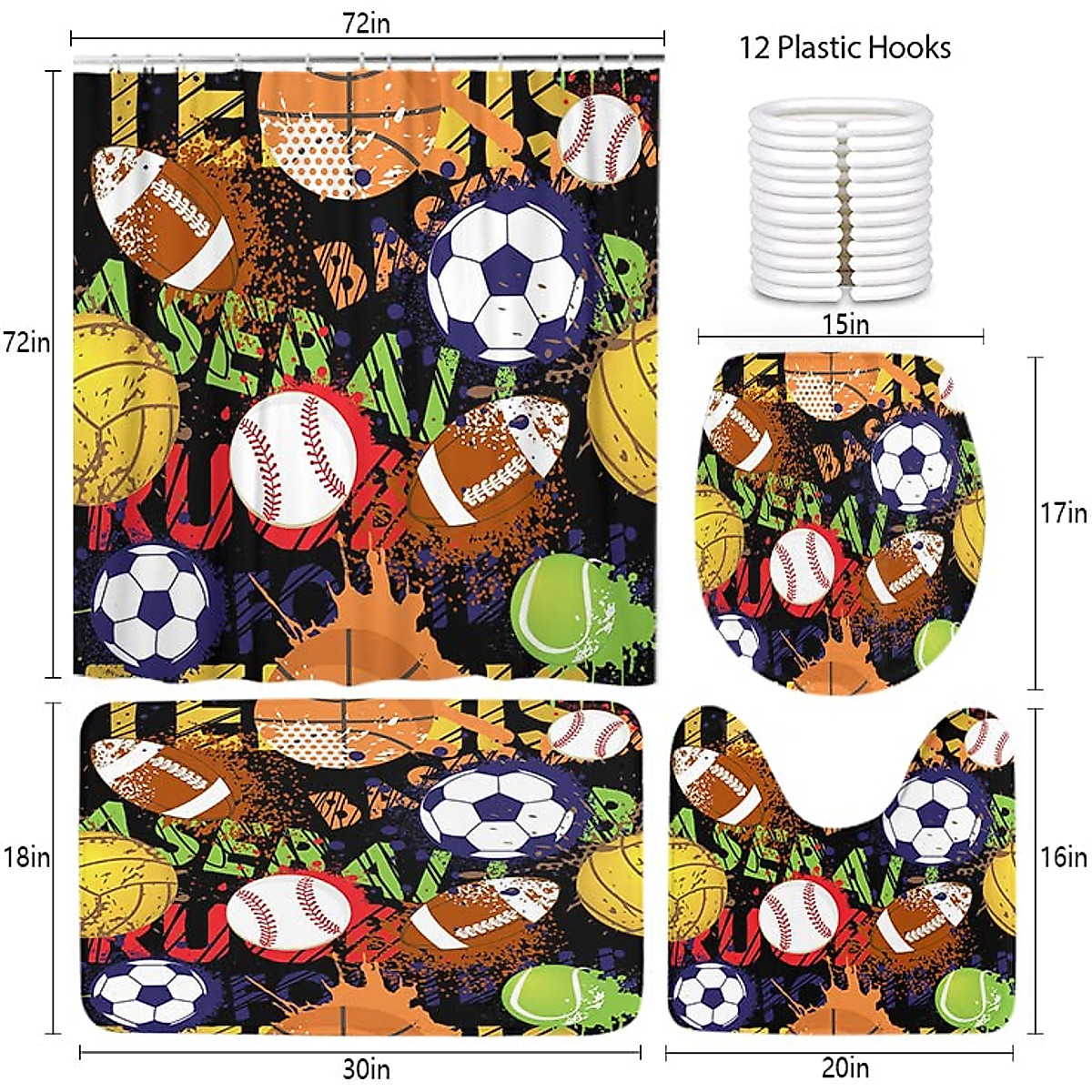 LOKMU 4 Pcs Shower Curtain Sets with Non-Slip Rugs, Toilet Lid Cover and Bath Mat,Boy Sport Pattern Balls Black Basketball Waterproof Shower Curtain with 12 Hooks, Bathroom Decor Sets, 72" x 72"