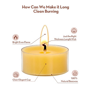 Ashlux Unscented Beeswax Tealight Candles 20 Pack, 4 Hours Long Burning Handmade Yellow Tea Lights Candles, Clear Cup Smokeless Beeswax Candles for Wedding, Party, Centerpiece & Home Decor
