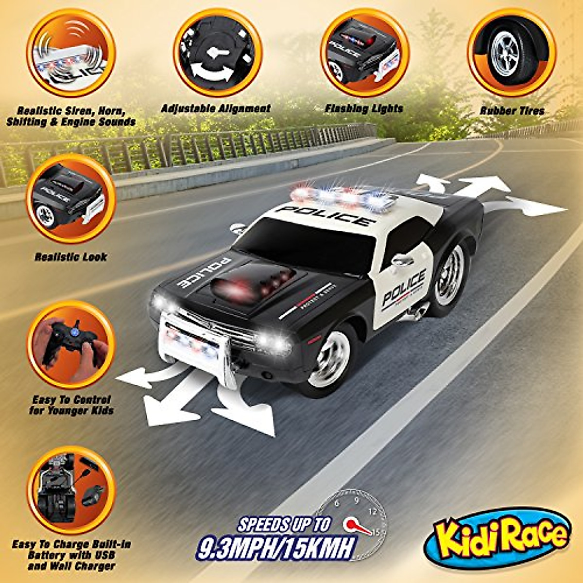 KidiRace Remote Control Police Car Toy with Lights and Sirens for Boys - Rechargeable Cop Car - Durable RC Police Car Toy for Kids 3 Years and Up