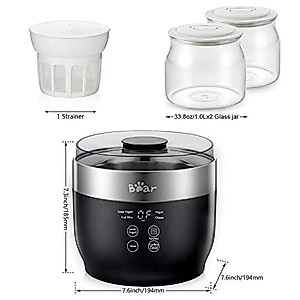 Bear Yogurt Maker, Greek Yogurt Maker Machine with Strainer and Timer Control, Yogurt Maker with Stainless Steel Inner Pot, Automatic Digital Yogurt Maker with 2 Glass Jars 1 Quart for Home Organic Yogurt, Cheese Maker, Fruit Wine Maker, Black (black)