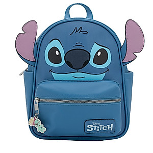 Disney Stitch Big Face Mini PU Backpack Purse, Shoulder Bag with Epoxy Filled Metal Scrump Charm, 10.5 Inch, Adjustable Straps, Faux Leather