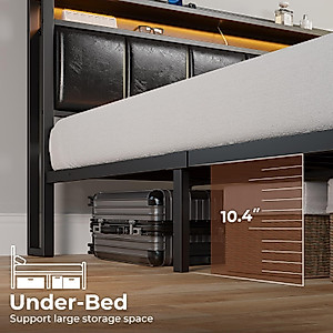 Rolanstar Bed Frame Queen Size with Charging Station and LED Lights, PU Leather Headboard with Storage Shelves, Heavy Duty Metal Slats, No Box Spring Need, Noise Free, Easy Assembly, Black