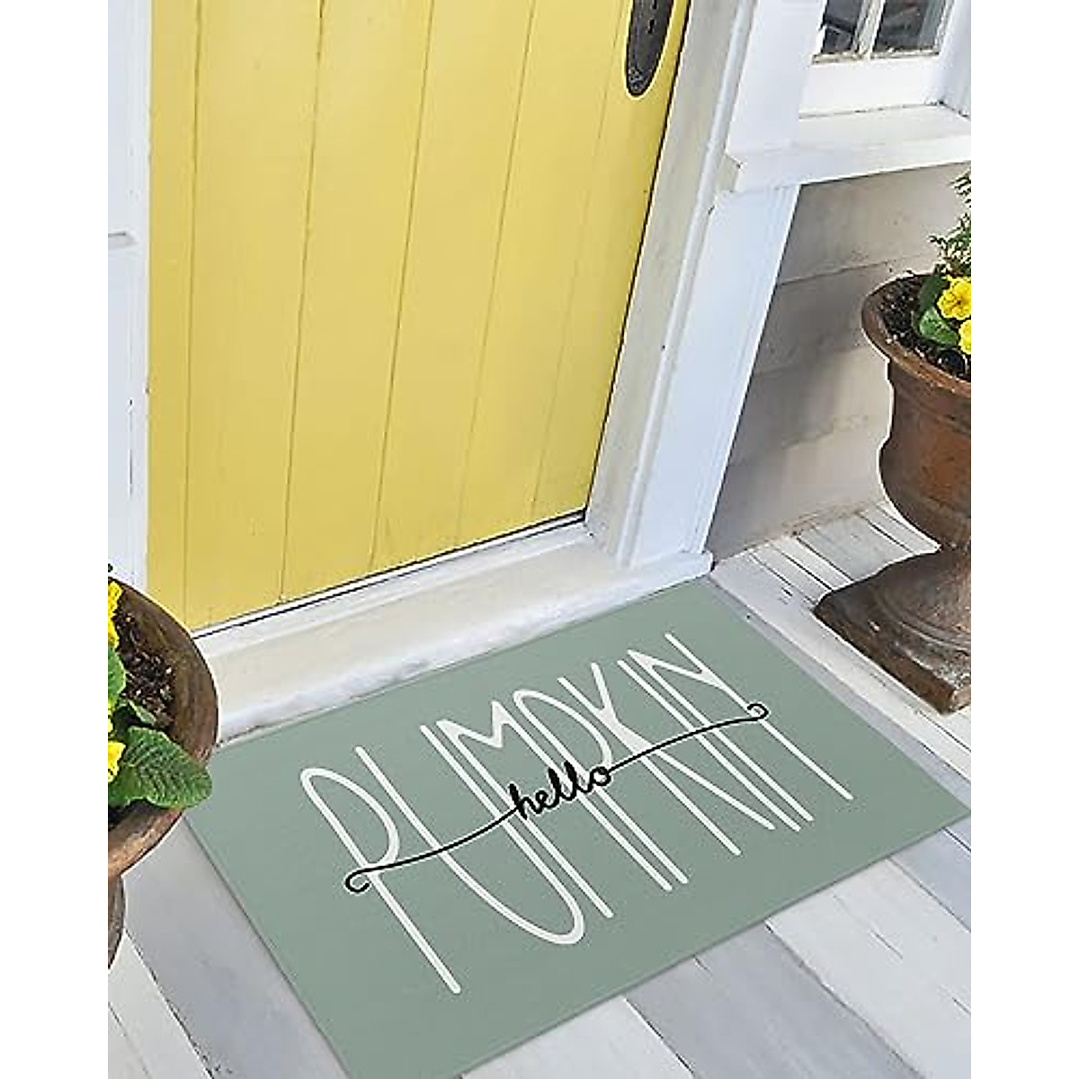 Hello Pumpkin Door Mat 24x36inch, Non-Slip Absorbent Non Skid Entrance Mat, Washable Low-Profile Inside Outside Floor Mat Doormats for Entryway Patio, Fall Thanksgiving Green Background