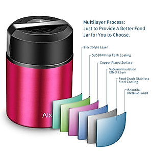 Alxeme Insulated Lunch Container, 27oz Vacuum Insulated Food Jar for Kids Adult, Stainless Steel Wide Mouth Soup Thermo for Cold Hot Food, Leak Proof Bento Box with Spoon Flexible Handle - RoseGold