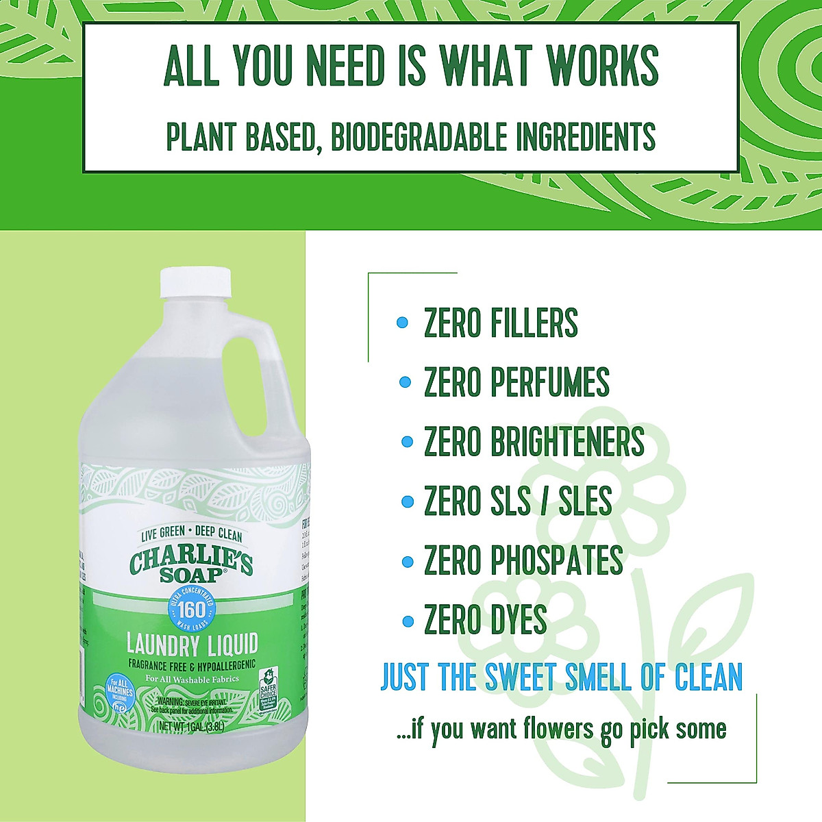 Charlie’s Soap Laundry Liquid (160 Loads, 4 Pack) Natural Deep Cleaning Hypoallergenic Laundry Detergent – Biodegradable Eco Friendly Sustainable Laundry Liquid