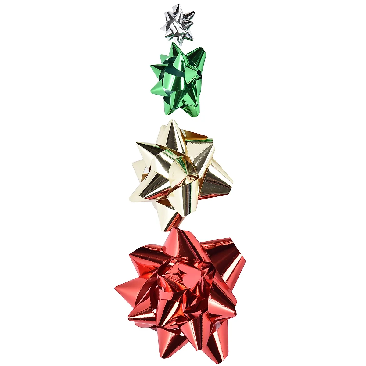 120 Christmas Bows Self Adhesive for Presents Wreaths Wrapping Holiday Gifts Includes Large Medium Small and Mini Sizes in Red Green Silver and Gold 24 of 4", 30 of 3", 30 of 2",and 36 1" Bows