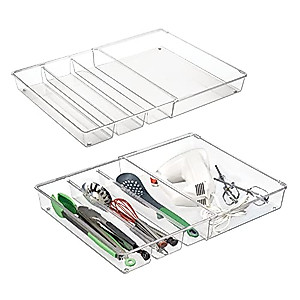 mDesign Plastic Adjustable/Expandable Divided Drawer Storage Organizer with 4 Compartments for Kitchen Pantry, Cupboard, Cabinet, Hold Silverware, Utensils, Cutlery - Ligne Collection - 2 Pack - Clear