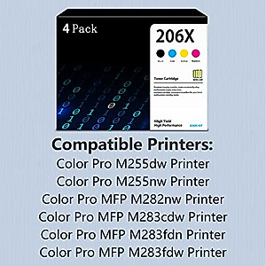 206X Black, Cyan, Yellow, Magenta, 4 Pack High-Yield Toner Cartridge (with Chip) | Compatible Replacement for HP Color Pro M255, Color Pro MFP M282, M283 Series | W2110X W2111X W2112X W2113X