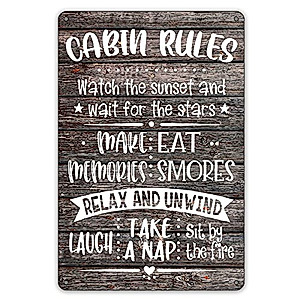 QIONGQI Funny Cabin Rules Metal Tin Sign Wall Decor, Farmhouse Wooden Style Cabin Sign for Home Decor Gifts