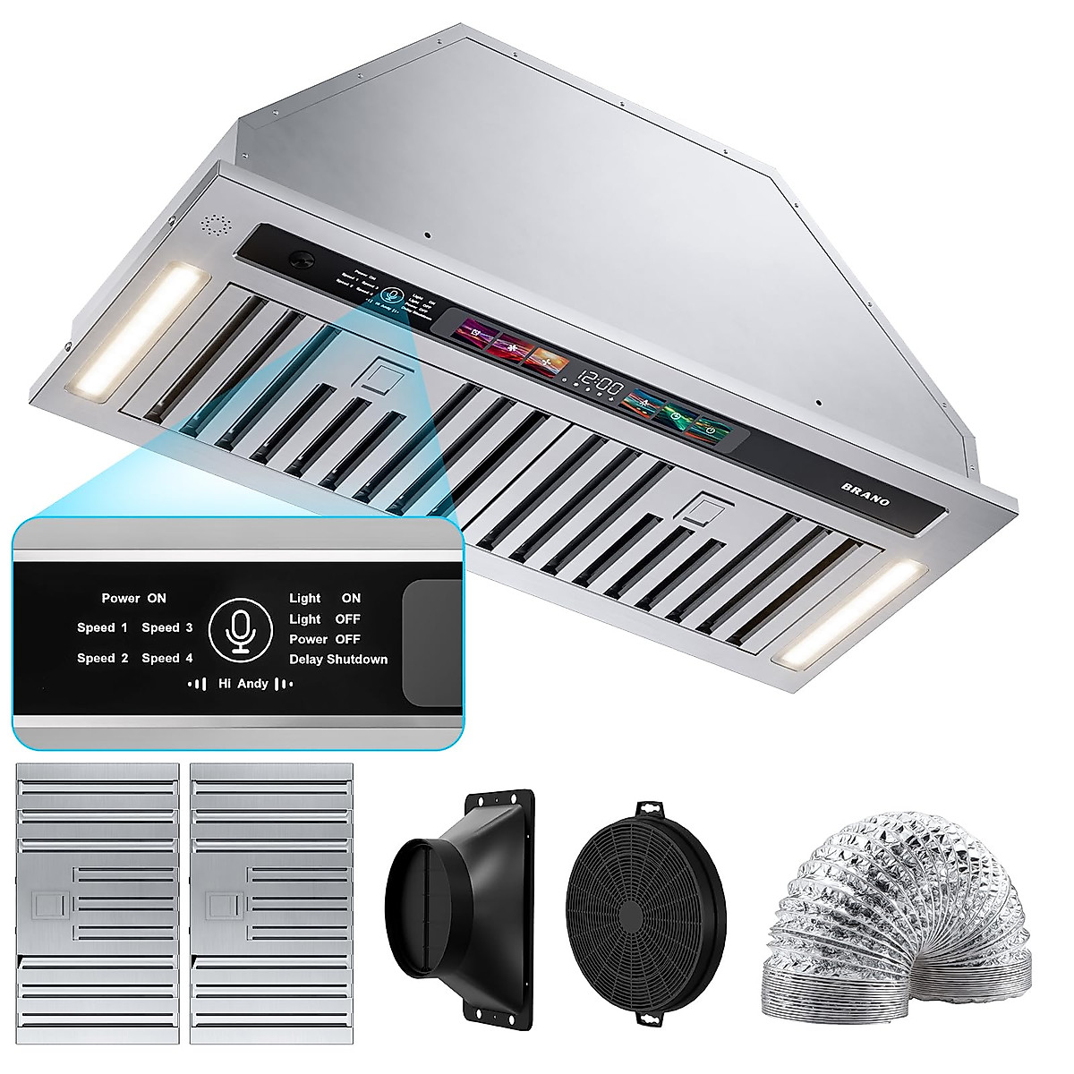 BRANO Range Hood Insert 30 Inch, 900 CFM Smart Voice/Gesture/Touch Control, 4 Speed Exhaust Fan, Stainless Steel Kitchen Hood with Charcoal Filter, Ducted/Ductless Convertible