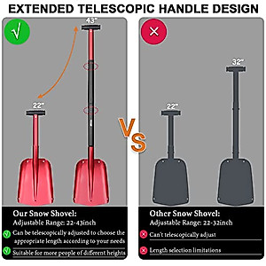 43" Aluminum Snow Shovel for Car Trunk Emergency, 4 Sections Collapsible Design Garden/Sport Utility Shovel Portable Snow Scoop Sand Mud Snow Removal Tool for Camping & Outdoor Activities (Red)