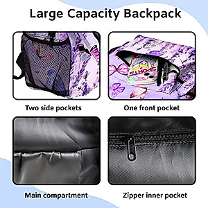 Lamtwbos Purple Butterfly Lavender Kids Backpacks for Girls Middle-School Elementary Bookbags 17 Inch Waterproof Lightweight Schoolbag for Kids