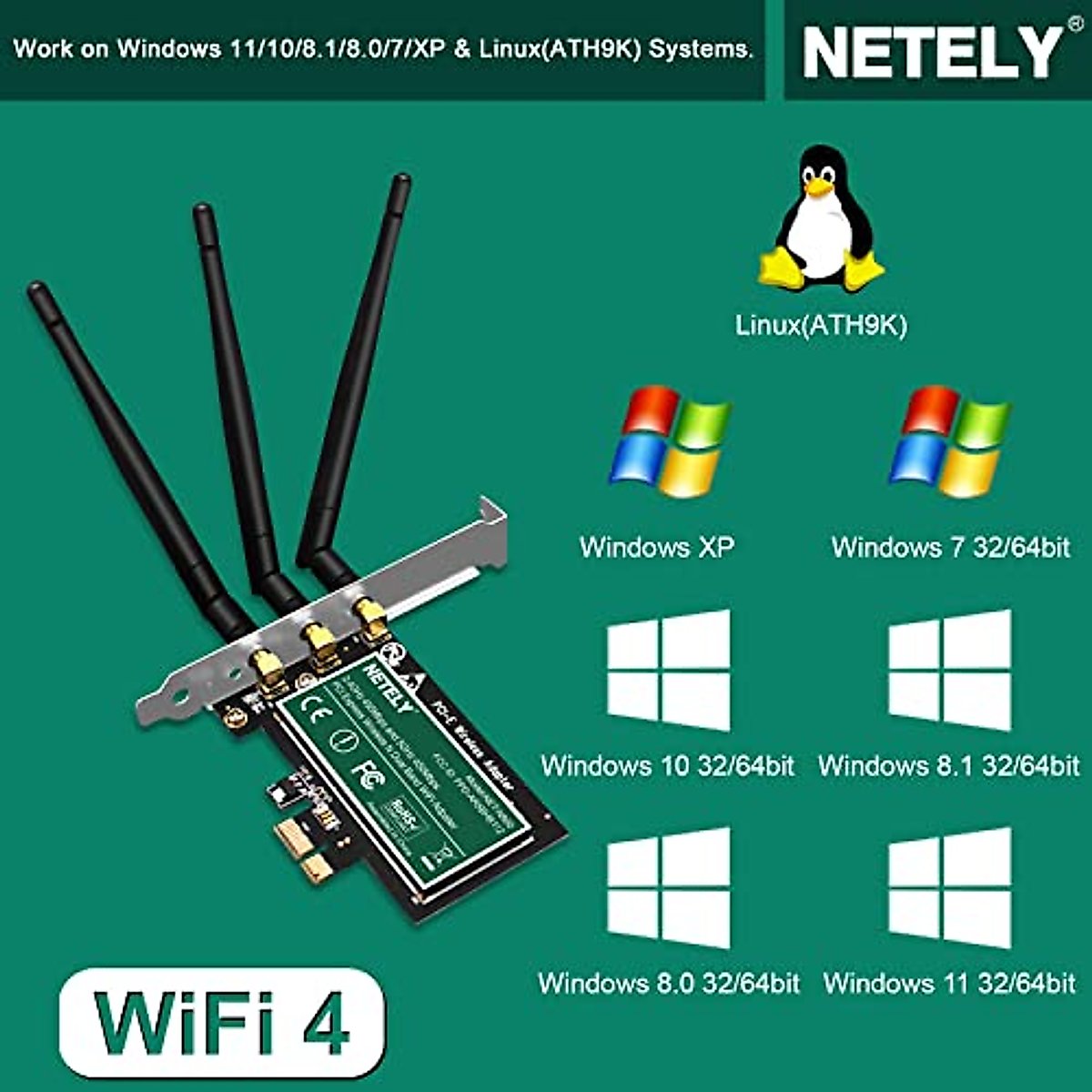 NETELY Wireless Dual Band 900Mbps PCI Express (PCIE) WiFi Adapter for Windows 7, 8.x, 10, 11 32/64bit and Linux Desktop PCs, PCIE WiFi Card, Qualcomm Atheros AR938X Wireless Network Adapter (NET-N900)