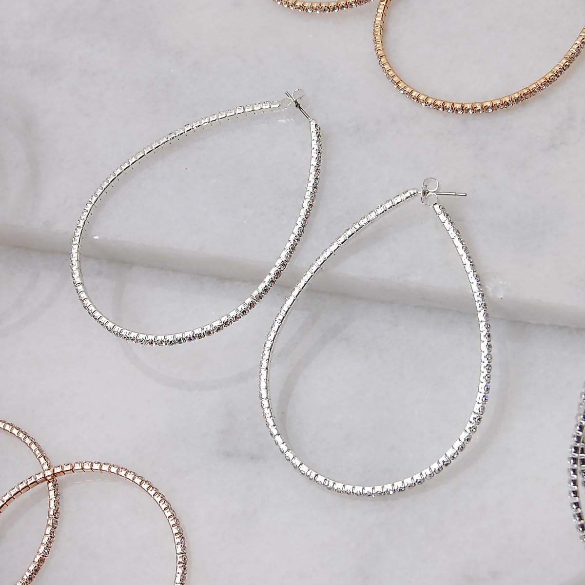 Bling Earrings for Women - Silver Rhinestone Hoop Earrings For Women, Extra Large Fake Diamond Hoops, Big Huge Statement Teardrop Ear Jacket, Long Sparkly Thin CZ Drop, Silver Tone 2.6" XL