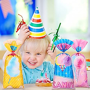 Karenhi 100 Pcs Cotton Candy Bags with Ties Cotton Candy Cones Treat Bags Snacks Bags Set Cotton Candy Supplies for Circus Carnival Birthday Party Favor