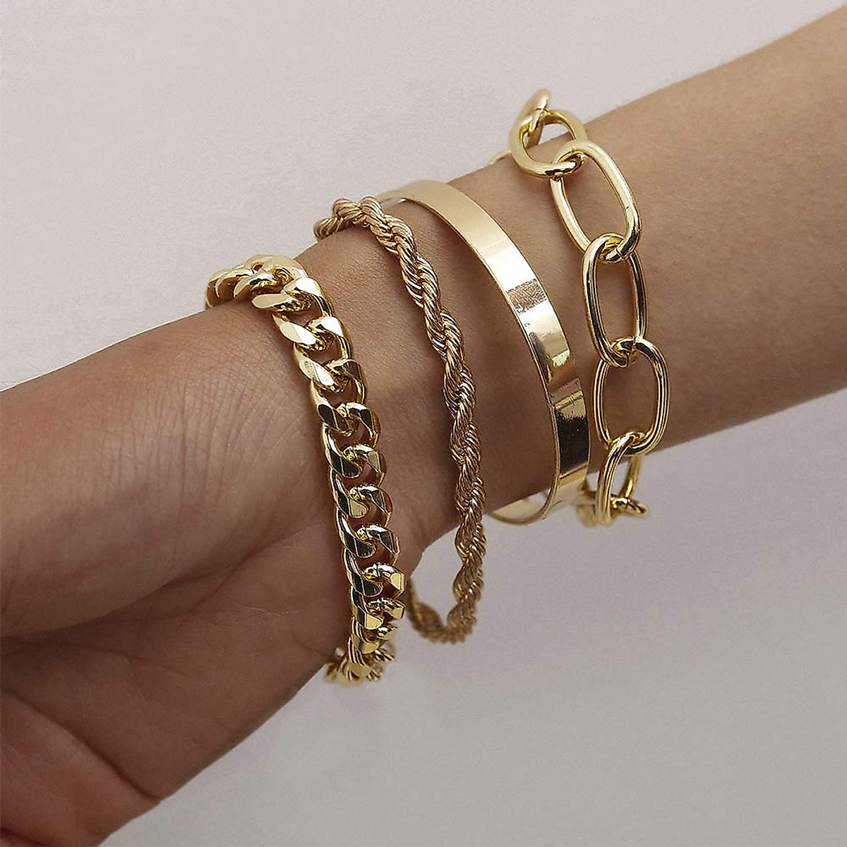 IFKM Gold Bracelets for Women, 14K Gold Plated Dainty Layered Chain Bracelets Adjustable Cute Bangle Link Bracelet Set (4 PCS Gold Plated)