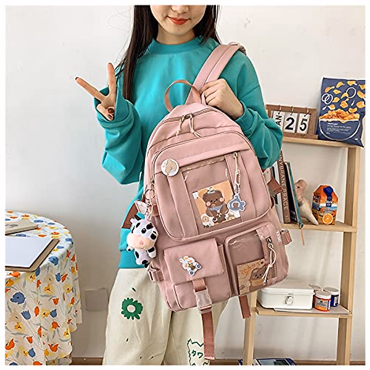 Dearsee Kawaii Backpack with Cute Pin Accessories Plush Pendant Kawaii Backpack Cute Aesthetic Backpack