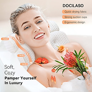 Docilaso Bath Pillow, Quick Dry Bathtub Pillow with 4D Air Mash Technology and 7 Suction Cups for Neck and Back Support, Suitable for All Bathtub, Hot Tub, Jacuzzi and Home Spa
