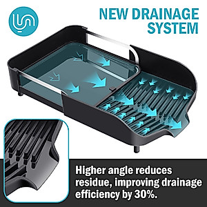 TOOLF Extendable Dish Drying Rack, Dual Part Dish Drying Rack, Adjustable Dish Drainers for Kitchen - Non-Scratch and Movable Cutlery Drainer and Drainage Spout Included, 1 Piece, Black