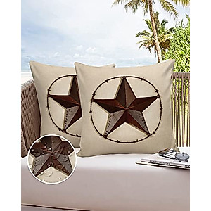 Vandarllin Outdoor Throw Pillows Covers 18X18 Set of 2 Waterproof Texas Lone Star Metal Art Decorative Zippered Cushion Covers for Patio Furniture, Rustic Lumbar Pillowcases